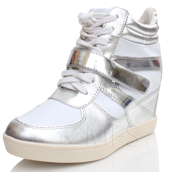 Shoes | White Silver Lace Up High Top Wedge Sneaker | Poshmark